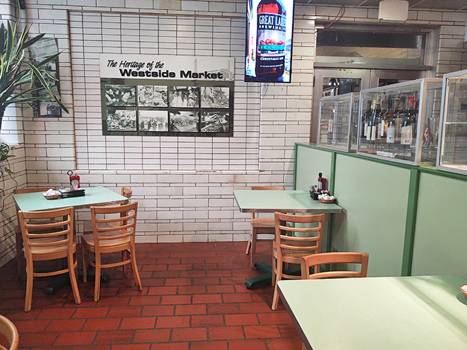 White subway tiles and historical photos tell stories of market days gone by, while mint-green tables invite you to create memories of your own.