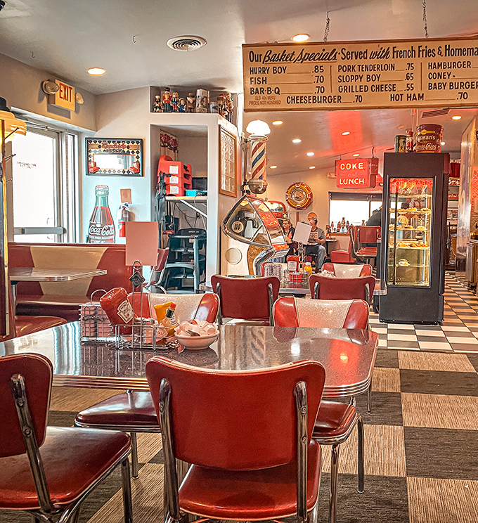 Classic Americana comes alive with cherry-red vinyl booths and chrome-edged tables. This isn't retro by design&mdash;it's authentic by choice.