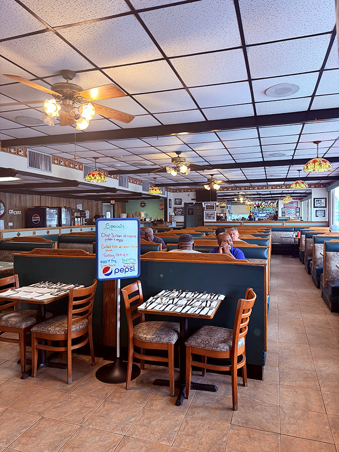 Inside, time slows down under stained-glass pendant lights and wood-paneled walls. The classic diner booths have witnessed countless Tampa mornings and bottomless coffee refills.