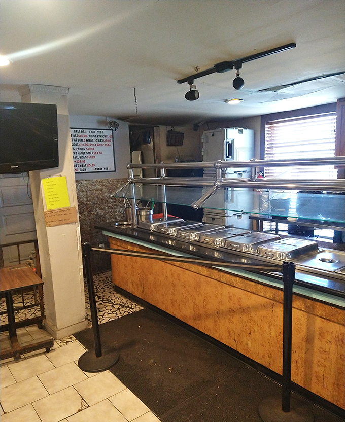 No-frills serving counter that says, "We're not here for the glamour shots&mdash;we're here for serious barbecue business."