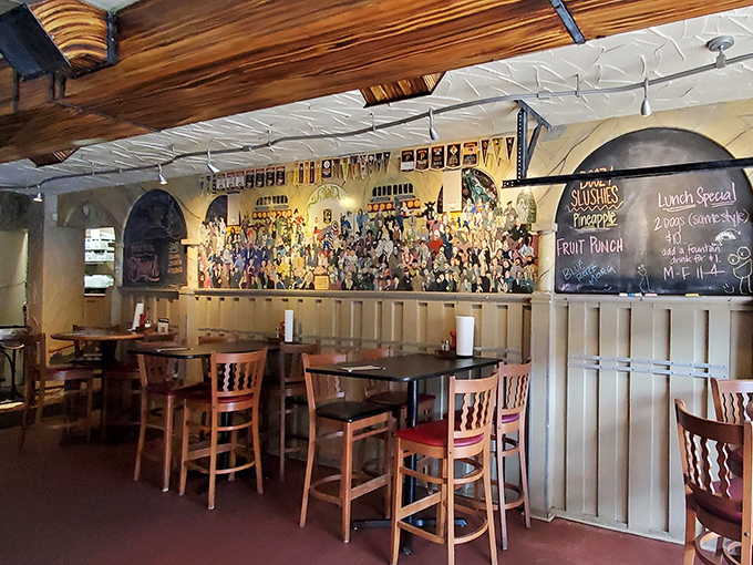 Inside, the wall of beer bottles serves as both decoration and menu. Like a library where every volume is delicious.