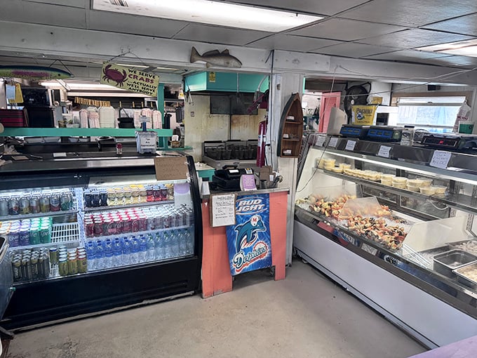 No fancy frills here&mdash;just coolers stocked with cold drinks and fresh seafood. This market section is where culinary dreams begin.