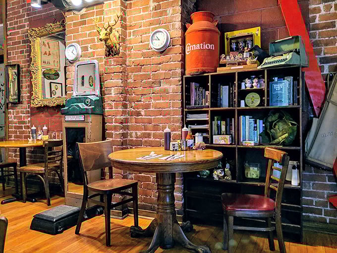 Racks upon racks of carefully curated clothing create a vintage rainbow. The thrill of the hunt begins here.