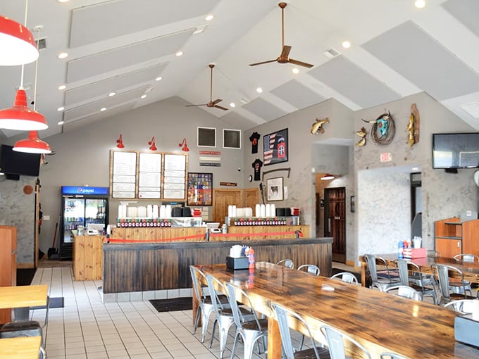 Vaulted ceilings and rustic charm create the perfect backdrop for serious barbecue business. Like a cathedral, but the worship involves brisket.