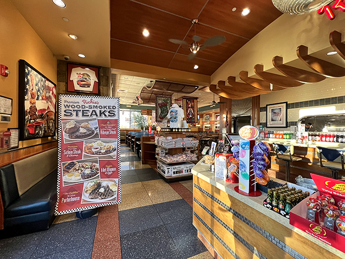 Classic diner charm meets mountain casual inside, where red counter stools invite you to belly up to breakfast bliss.
