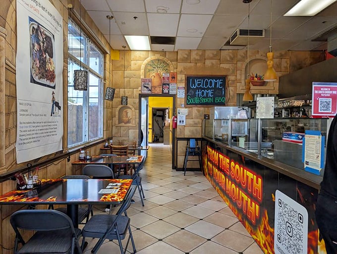 The "WELCOME HOME" sign isn't lying&mdash;this no-frills interior feels like the living room of that one friend who always feeds you too well.