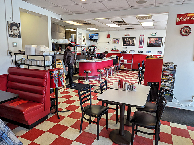 Classic Americana comes alive in this retro diner where red vinyl booths and checkerboard floors transport you to simpler times.