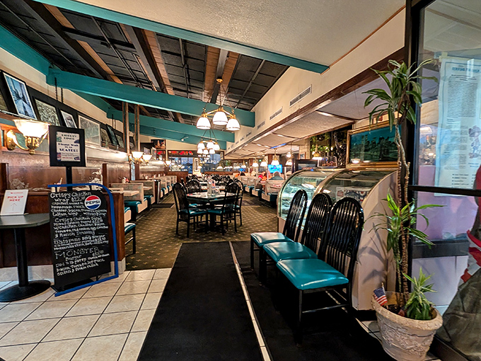 Step inside and feel the decades of breakfast conversations that have unfolded beneath those teal ceiling beams.