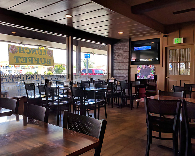 Inside, wooden tables and simple decor let the food be the star. This isn't designer ambiance&mdash;it's the authentic stage for breakfast theater.