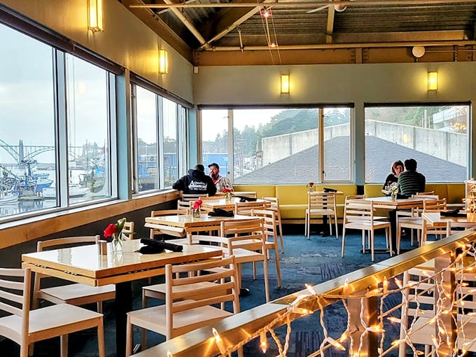 Inside, light floods the dining room where every table feels like the captain's table, with panoramic views that make waiting for your meal a pleasure, not a chore.