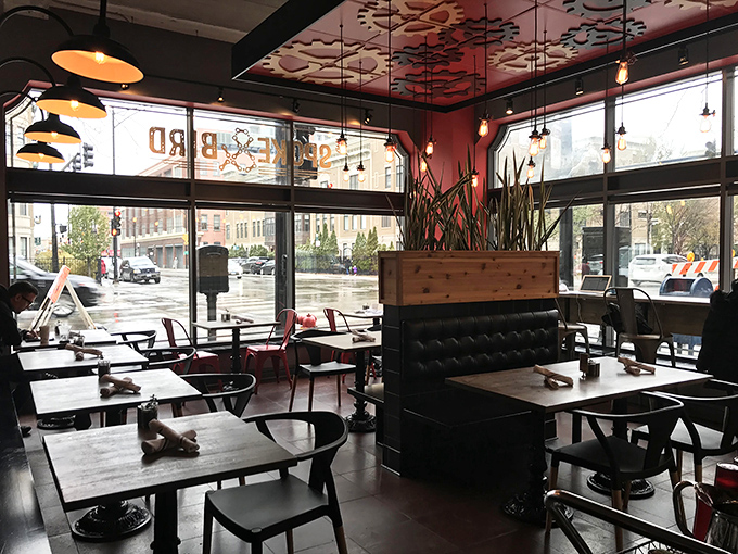 Industrial-chic meets cozy comfort with that stunning gear-adorned ceiling. The perfect backdrop for contemplating life's big questions, like "Should I order seconds?"