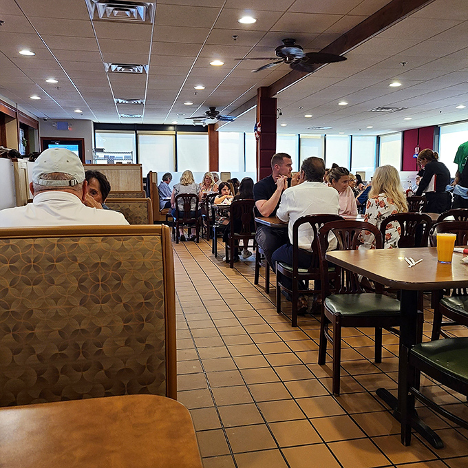 Inside, booths and tables await hungry patrons in a dining room where calories don't count and conversation flows as freely as the coffee.