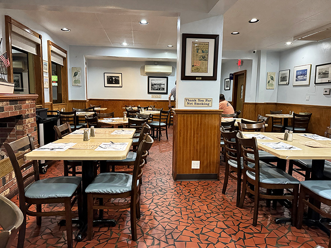 Simple wooden chairs, nautical-themed placemats, and that distinctive terracotta floor&mdash;dining room perfection that hasn't needed updating in decades.