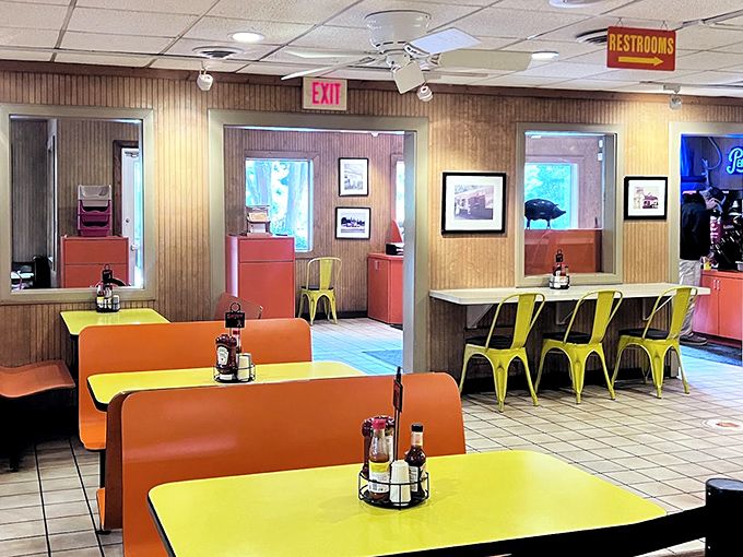 Simple orange and yellow tables create the perfect canvas for barbecue masterpieces. No distractions, just focus on the food.