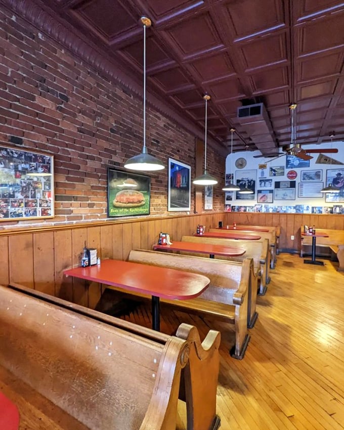 Church of the Holy Sandwich: wooden pews, exposed brick, and a ceiling that's seen decades of satisfied sighs. Comfort food deserves a comfortable setting.