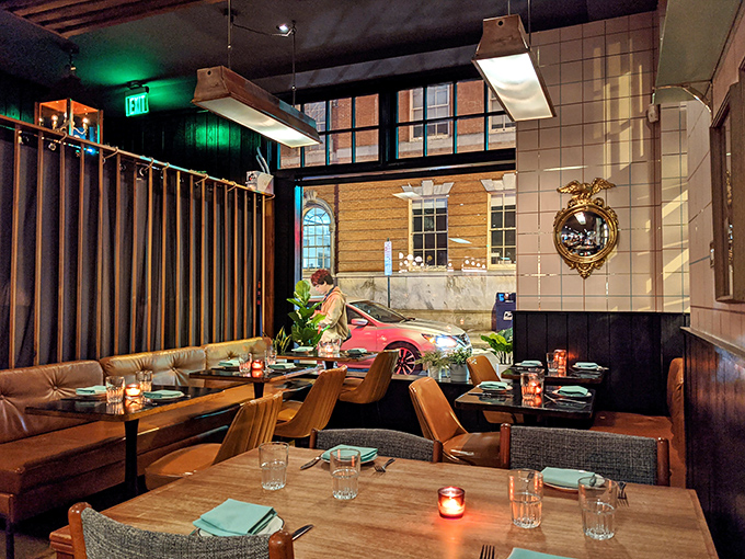 Mid-century modern meets contemporary cool in this dining room where every table feels like the best seat in the house.