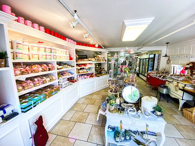 The interior reveals a treasure trove of treats displayed with old-world charm – shelves lined with goodies that would make any sweet tooth surrender immediately.