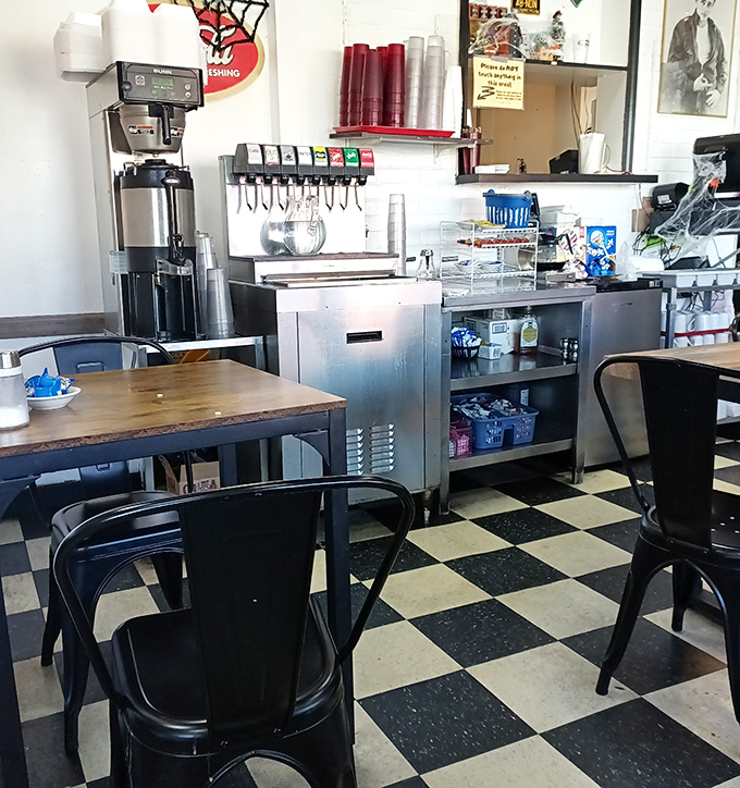 Inside, the checkerboard floor and no-nonsense counter setup tell you everything you need to know: this place is about substance over style, and thank goodness for that. 