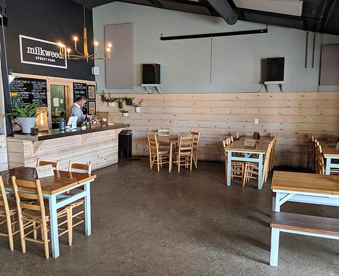 Inside Milkweed, one of The Little Fleet's food vendors, light wood and minimalist design let the food be the star of this culinary show.