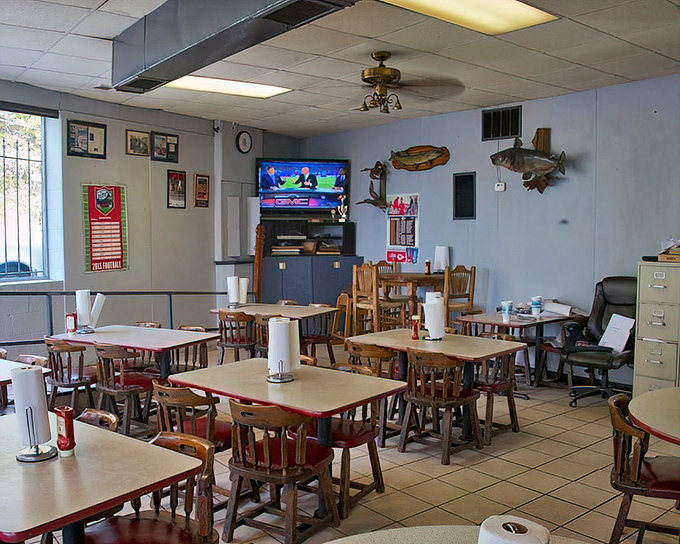 No-frills dining at its finest. The mounted fish on the wall isn't judging your order&mdash;he's jealous he can't have any.