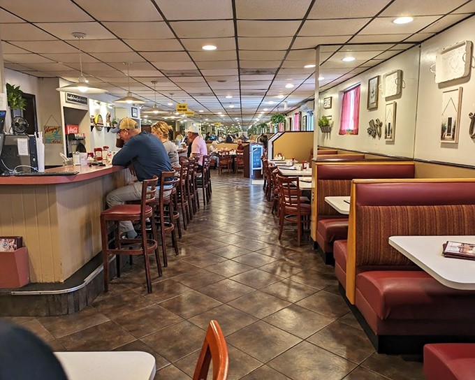 Classic diner perfection awaits inside &ndash; red vinyl booths, counter seating, and that unmistakable buzz of satisfied customers plotting their next breakfast adventure.