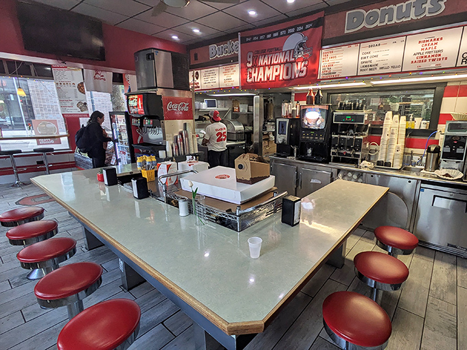 Classic counter culture at its finest. These red vinyl stools have witnessed countless late-night conversations, early morning recoveries, and everything in between.
