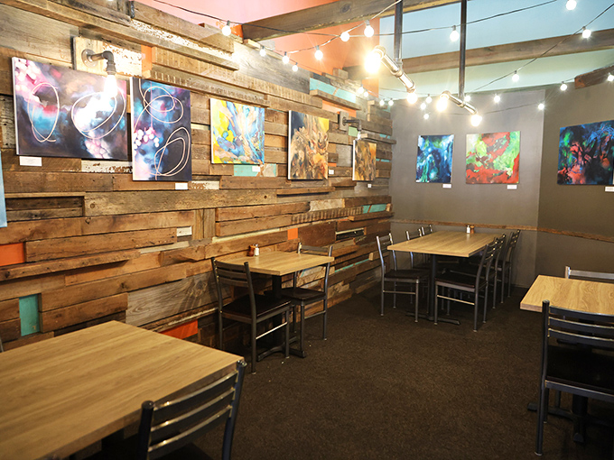 Rustic charm meets modern comfort in a space that feels like dining in your coolest friend's loft.