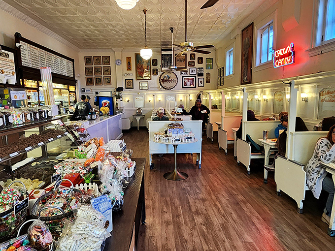 Step inside and suddenly it's 1950 again. The vintage booths, tin ceiling, and candy counter create an atmosphere no corporate chain could ever replicate.
