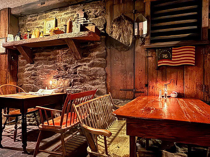 Step back in time where wooden beams, stone walls, and Revolutionary-era decor create the perfect setting for plotting your next meal&mdash;or a colonial uprising.