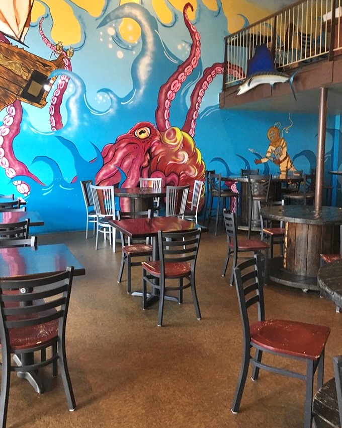 Dining under the watchful eye of a giant octopus mural feels like being in an underwater fantasy where seafood isn't just served—it's celebrated.