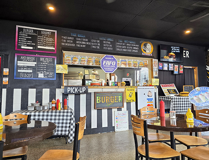 Inside, the black and white checkered counter area creates that perfect diner vibe – where serious food business happens without pretension.