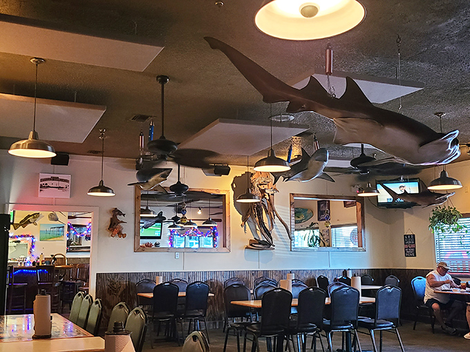 Sharks suspended from the ceiling aren't just decoration—they're a promise that you're about to experience something wildly delicious.