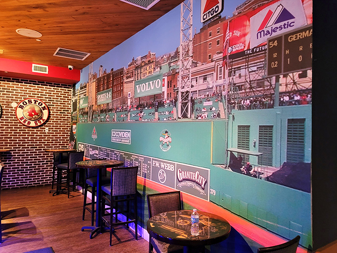 Fenway Park comes to Florida! The interior's Green Monster mural transports you north without sacrificing those precious palm trees outside.