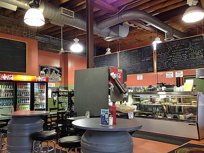 Industrial chic meets comfort food haven &ndash; those barrel tables aren't winning design awards, but they're perfect for serious sandwich contemplation.