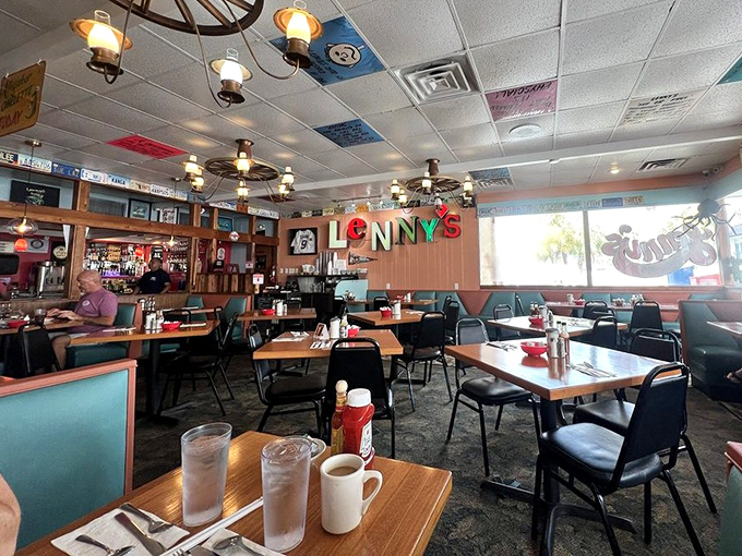 Inside, wagon wheel chandeliers illuminate a diner where time stands still, but coffee cups never stay empty for long.