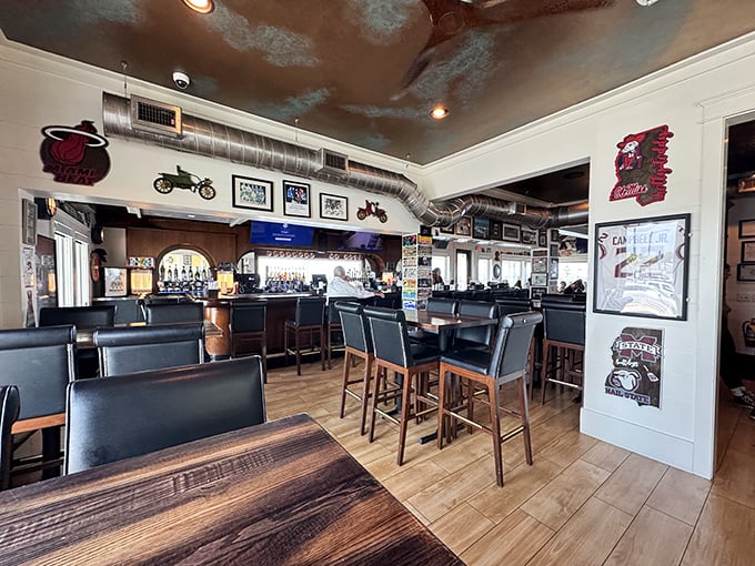 Inside, the cloud-painted ceiling and wooden accents create that perfect "come as you are, stay as long as you like" atmosphere.