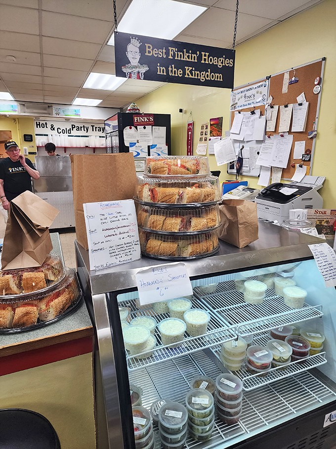 Inside, the "Best Finkin' Hoagies in the Kingdom" sign isn't just clever wordplay&mdash;it's a mission statement backed by stacks of freshly made sandwiches awaiting their lucky recipients.