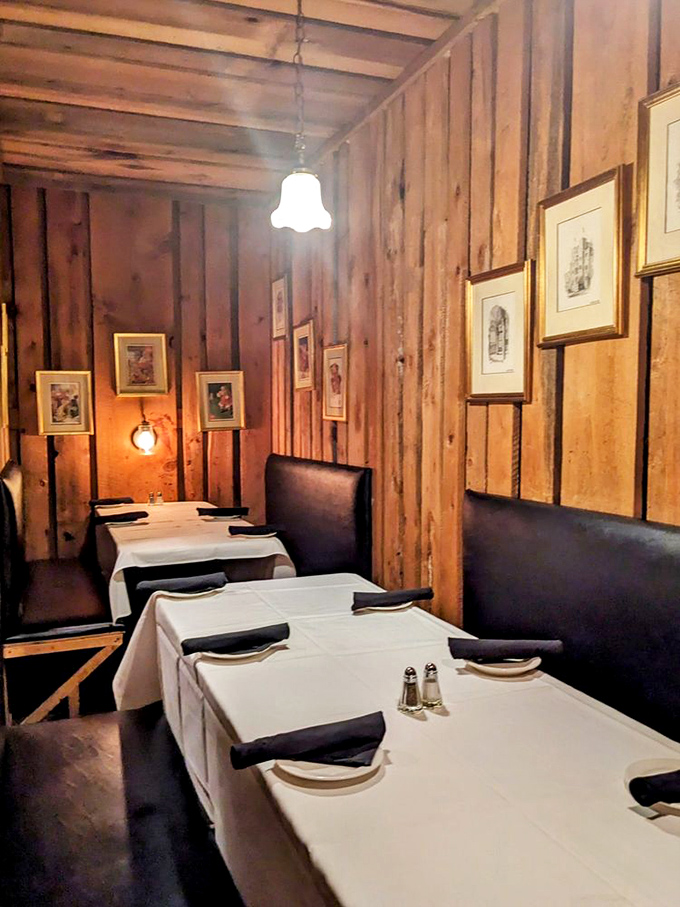 Wood-paneled walls and white tablecloths create that rare sweet spot between "fancy enough for anniversary dinner" and "comfortable enough to actually enjoy yourself."