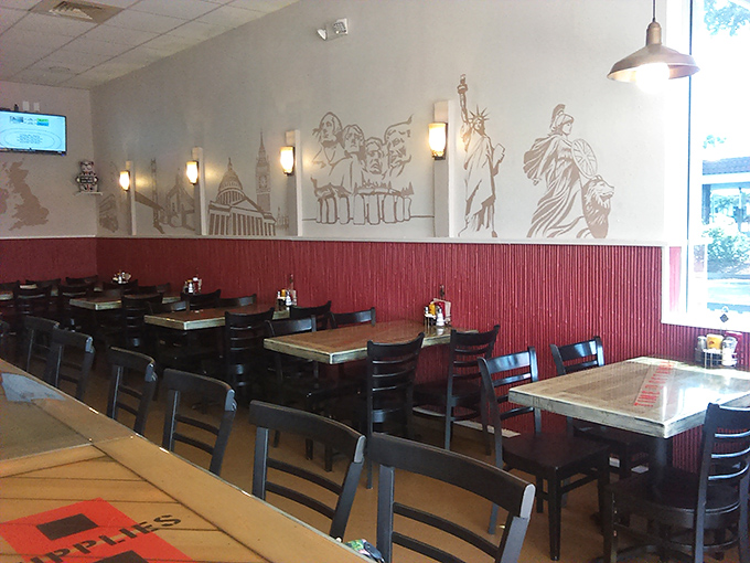 Inside, murals of iconic landmarks from both sides of the Atlantic create a cultural bridge as comfortable as the wooden chairs.