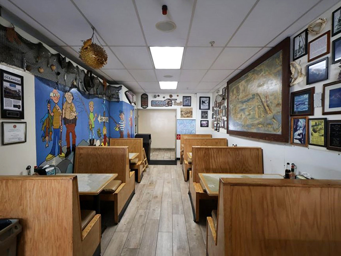 Wooden booths and nautical decor create the perfect no-frills atmosphere for serious seafood enjoyment. That pufferfish watching from above has seen countless happy diners.