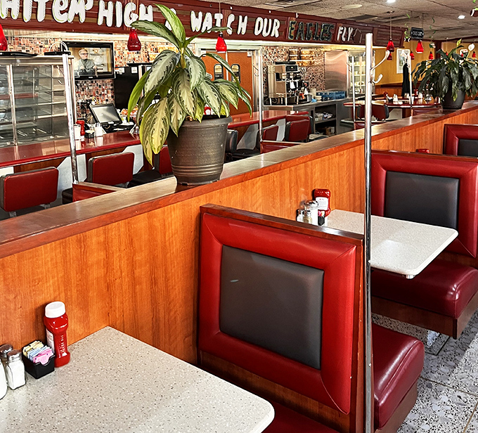 Classic red vinyl booths and warm wood paneling create the time-capsule interior that makes every diner visit feel like coming home. The "Eagles Fly" sign confirms you're in Philly territory.