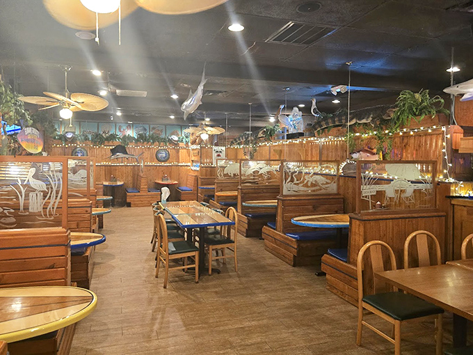 Wooden booths, nautical decor, and twinkling string lights create that perfect "I've discovered something special" atmosphere that makes you want to settle in for the duration.