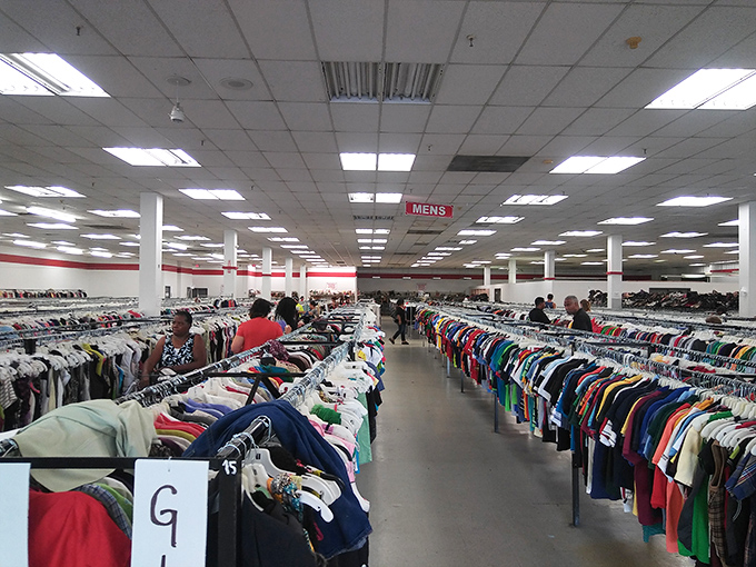 Endless rows of clothing stretch toward the horizon like a textile Grand Canyon. This isn't shopping—it's an expedition.