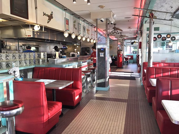 Classic Americana in every detail&mdash;cherry-red vinyl booths, gleaming chrome, and that unmistakable diner energy that says "slide in and stay awhile."