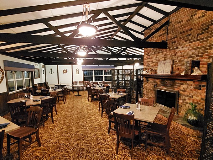 Exposed wooden beams, nautical accents, and brick walls create the perfect atmosphere for seafood indulgence. Like a cozy maritime lodge that happens to serve incredible food.