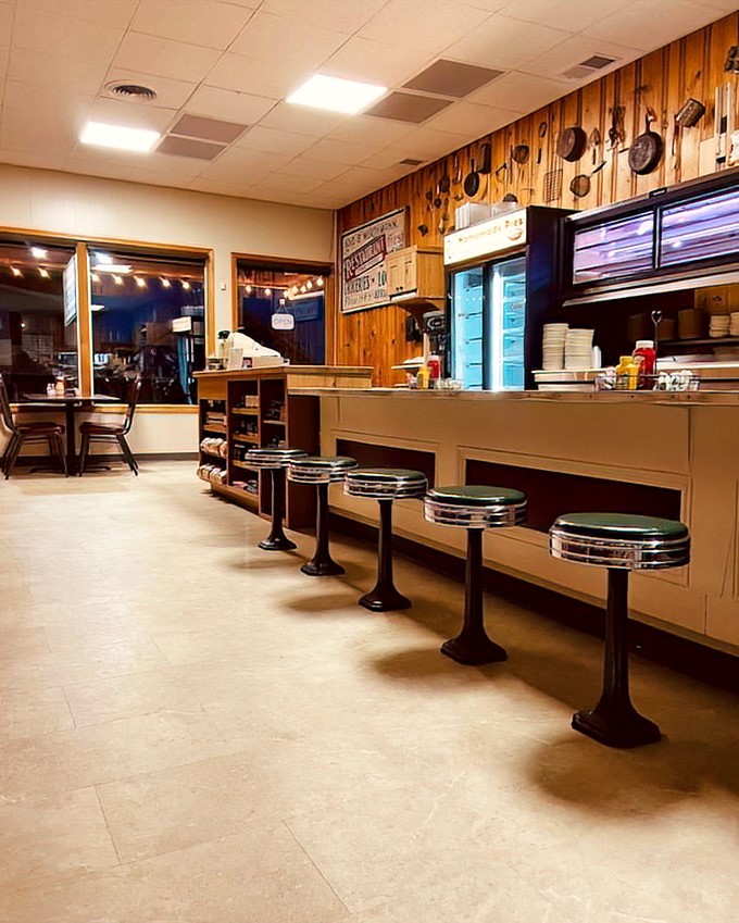 Classic Americana lives at this counter, where swivel stools await hungry patrons and wood-paneled walls tell stories of meals past.