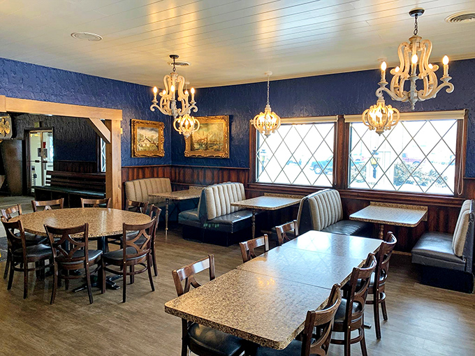 Blue walls, elegant chandeliers, and cozy booths create the perfect backdrop for the impending food coma you'll happily surrender to.