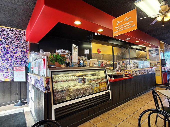 The heart of breakfast operations: where coffee flows freely and the display case tempts you with possibilities before you've even ordered.