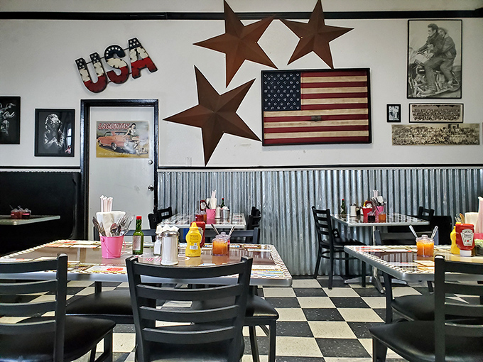 Inside feels like Americana turned up to eleven&mdash;checkered floors, star-spangled walls, and ketchup at the ready.
