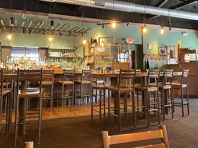 Edison bulbs cast a warm glow over the mint-green walls and wooden bar&mdash;like your coolest friend's living room, if your friend were an exceptional chef.